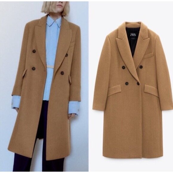 Zara | Jackets & Coats | Zara Coat Camel Wool Blend Tailored Double ...